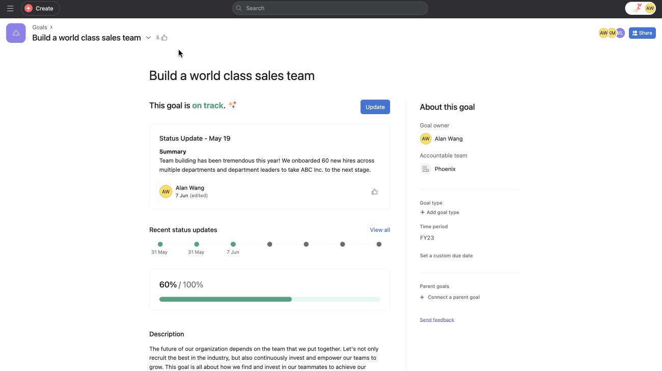 Progress, status, and connecting work to goals