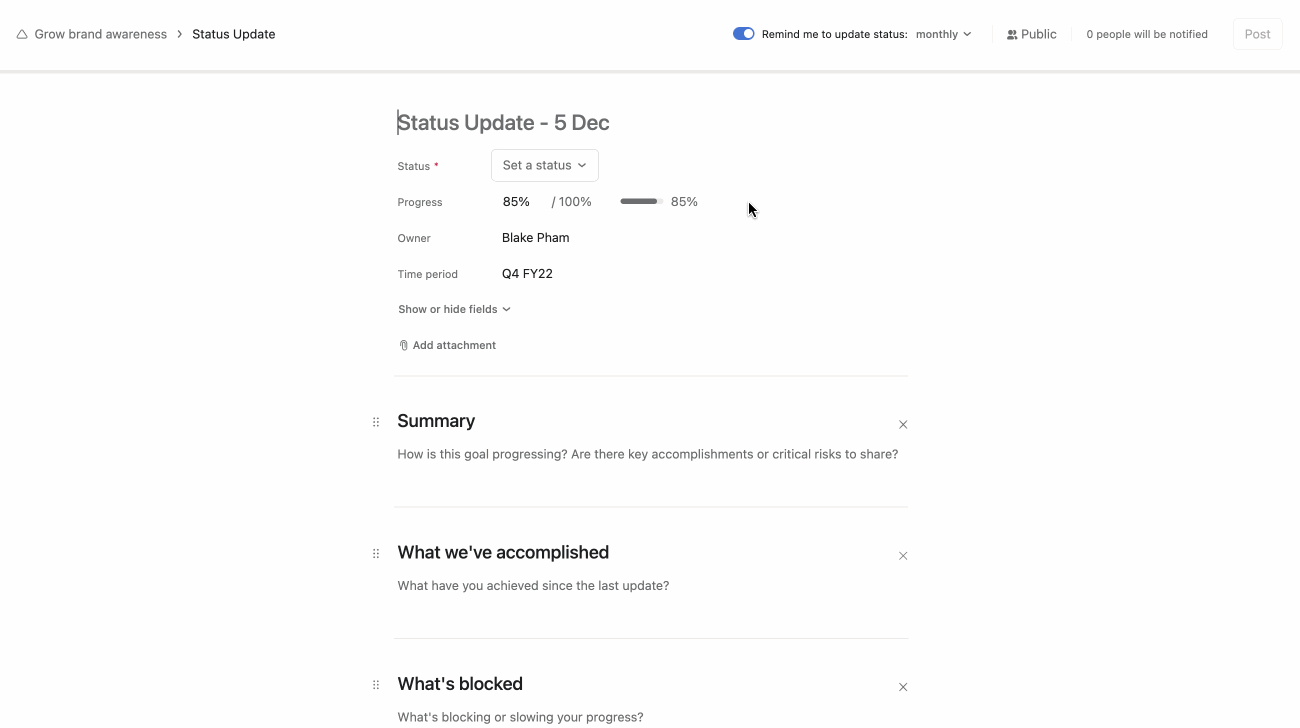 Progress, status, and connecting work to goals