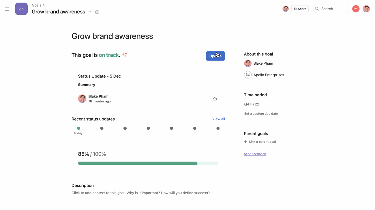 Progress, status, and connecting work to goals