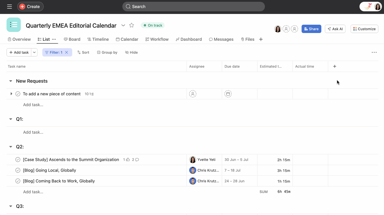 Management dashboard for global fields