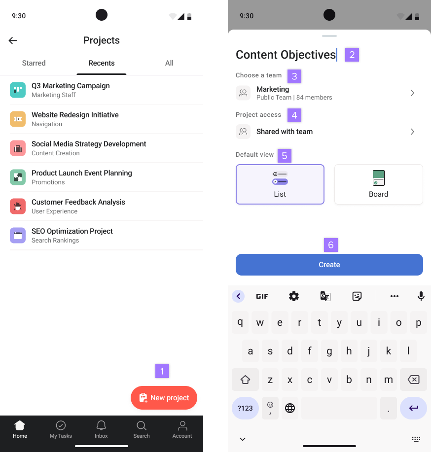 Creating tasks and projects on Android