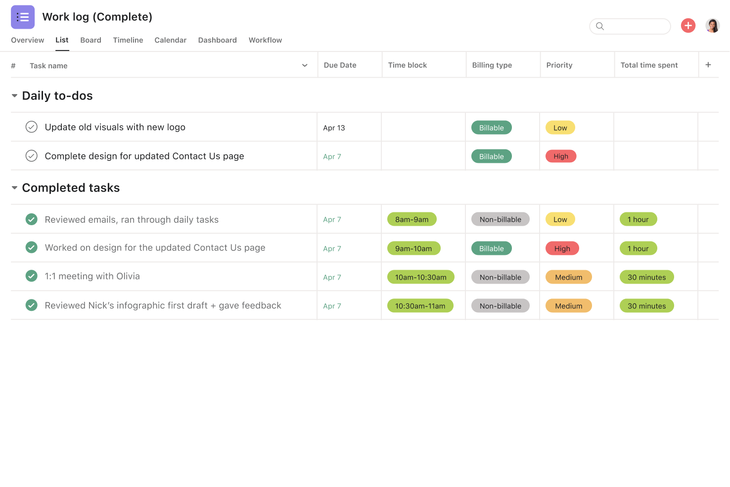 Work Log Template • Asana
