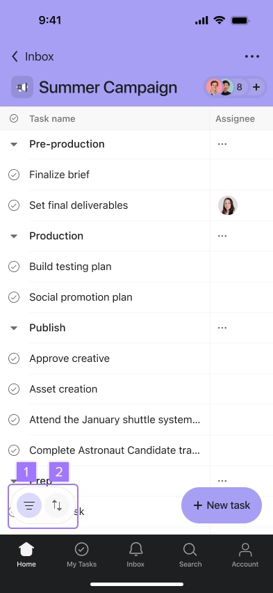 Creating tasks and projects on iOS