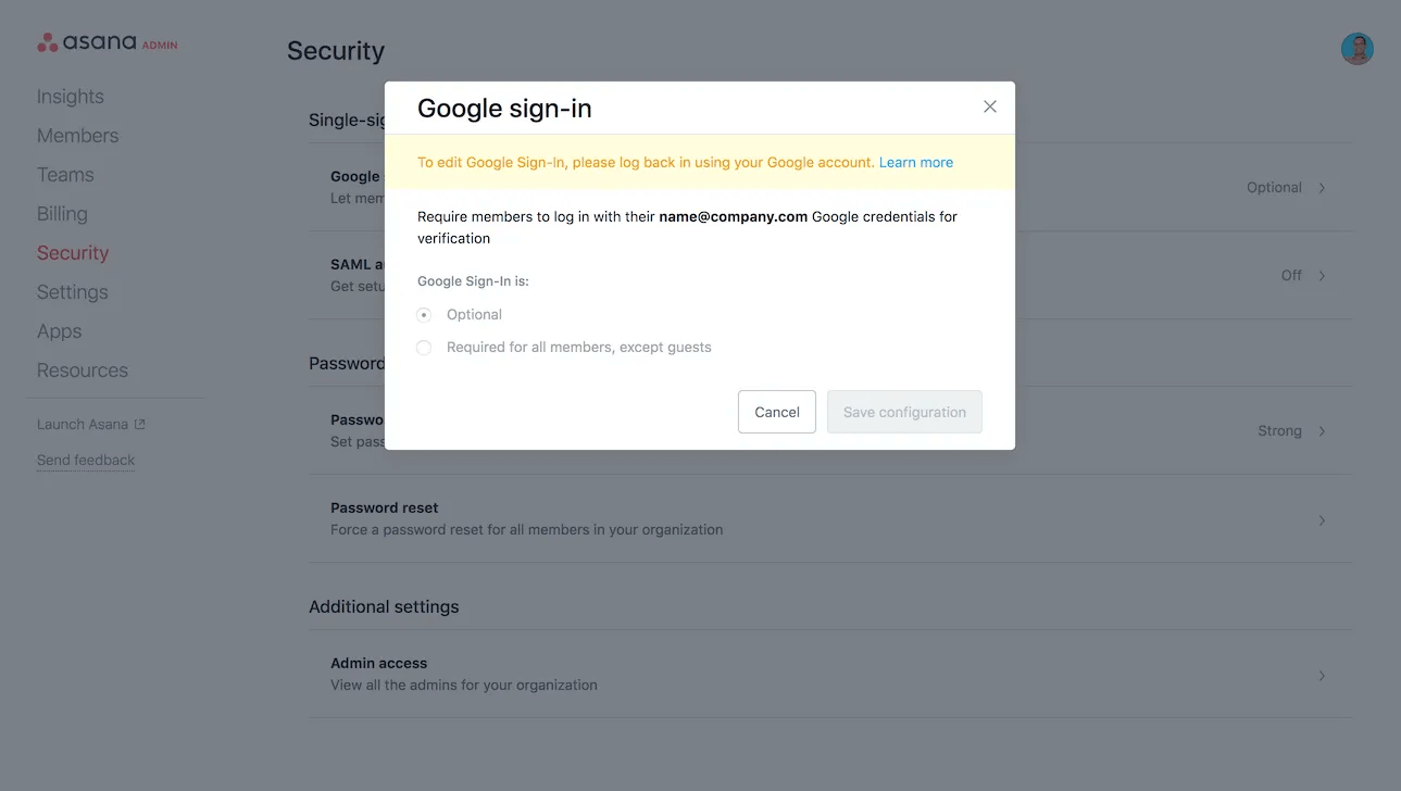 Global authentication settings
