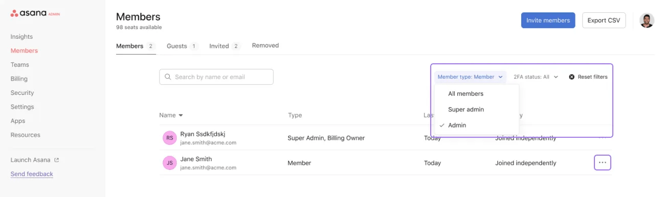 Managing members in an organization