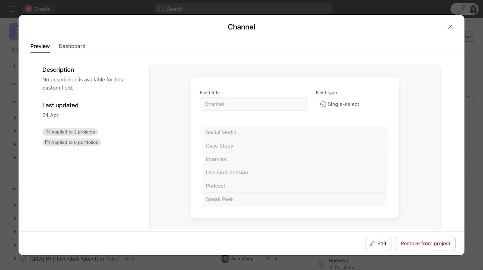 Management dashboard for global fields