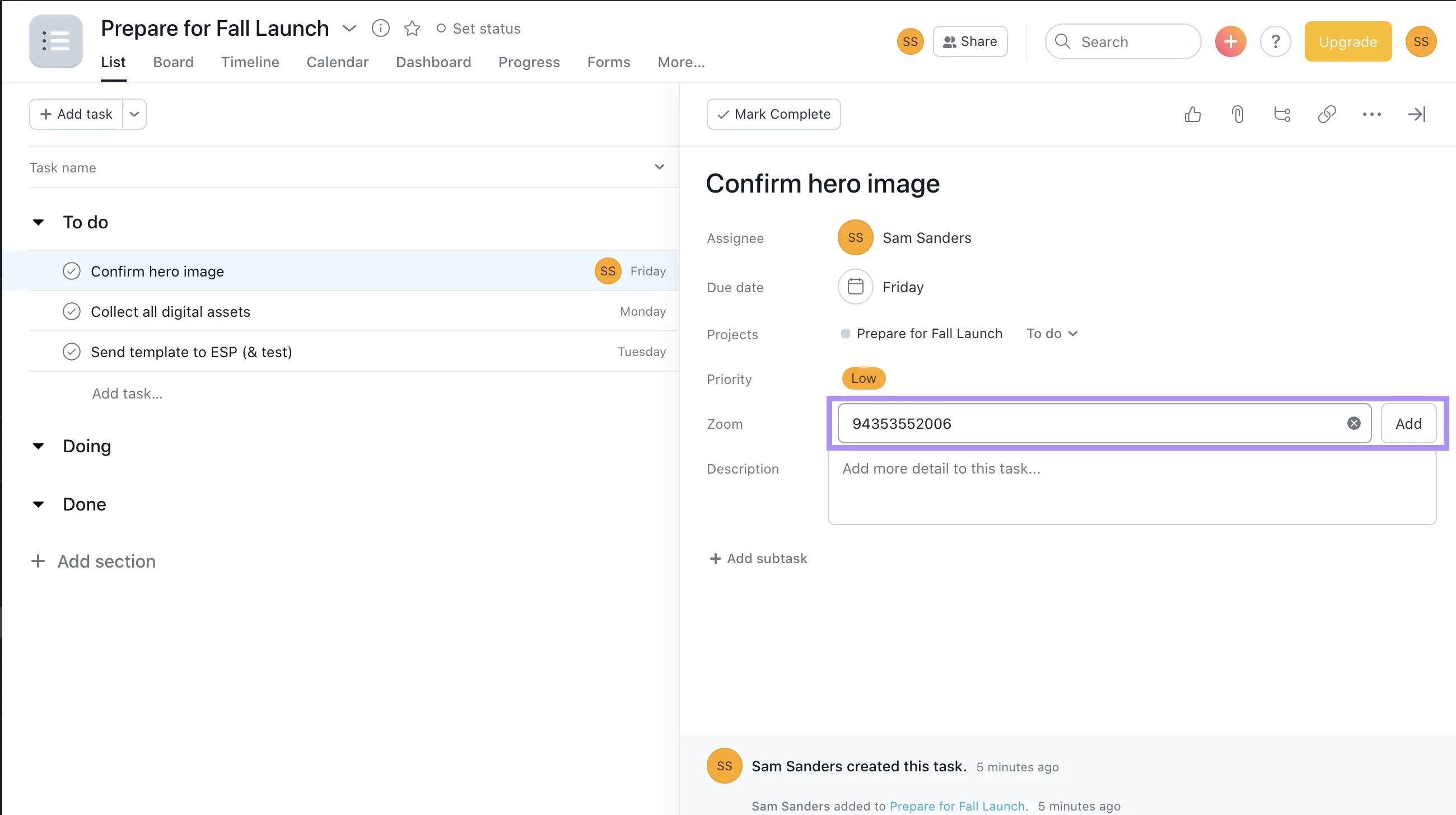 Zoom and Asana integration