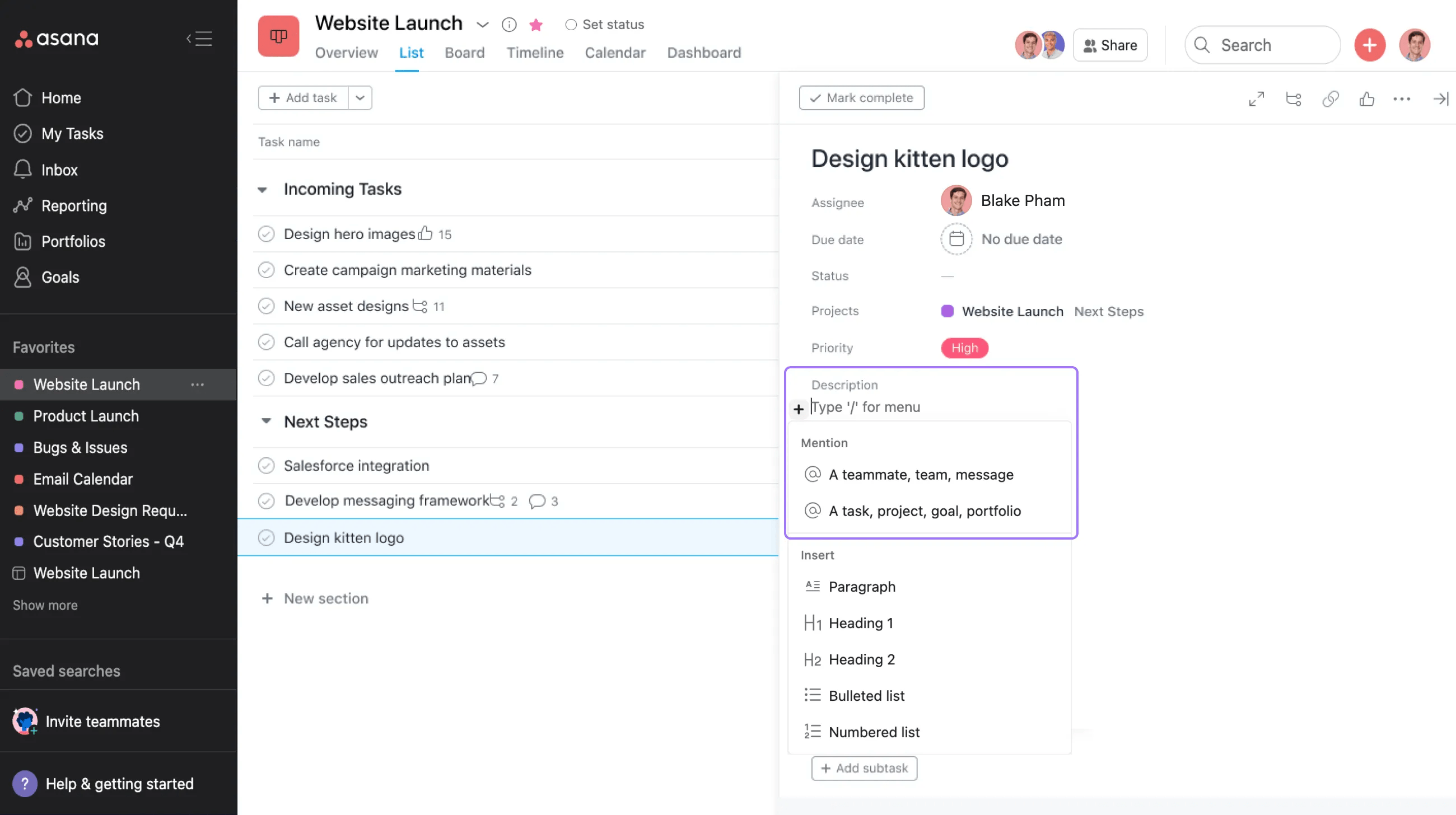 Text formatting in Asana