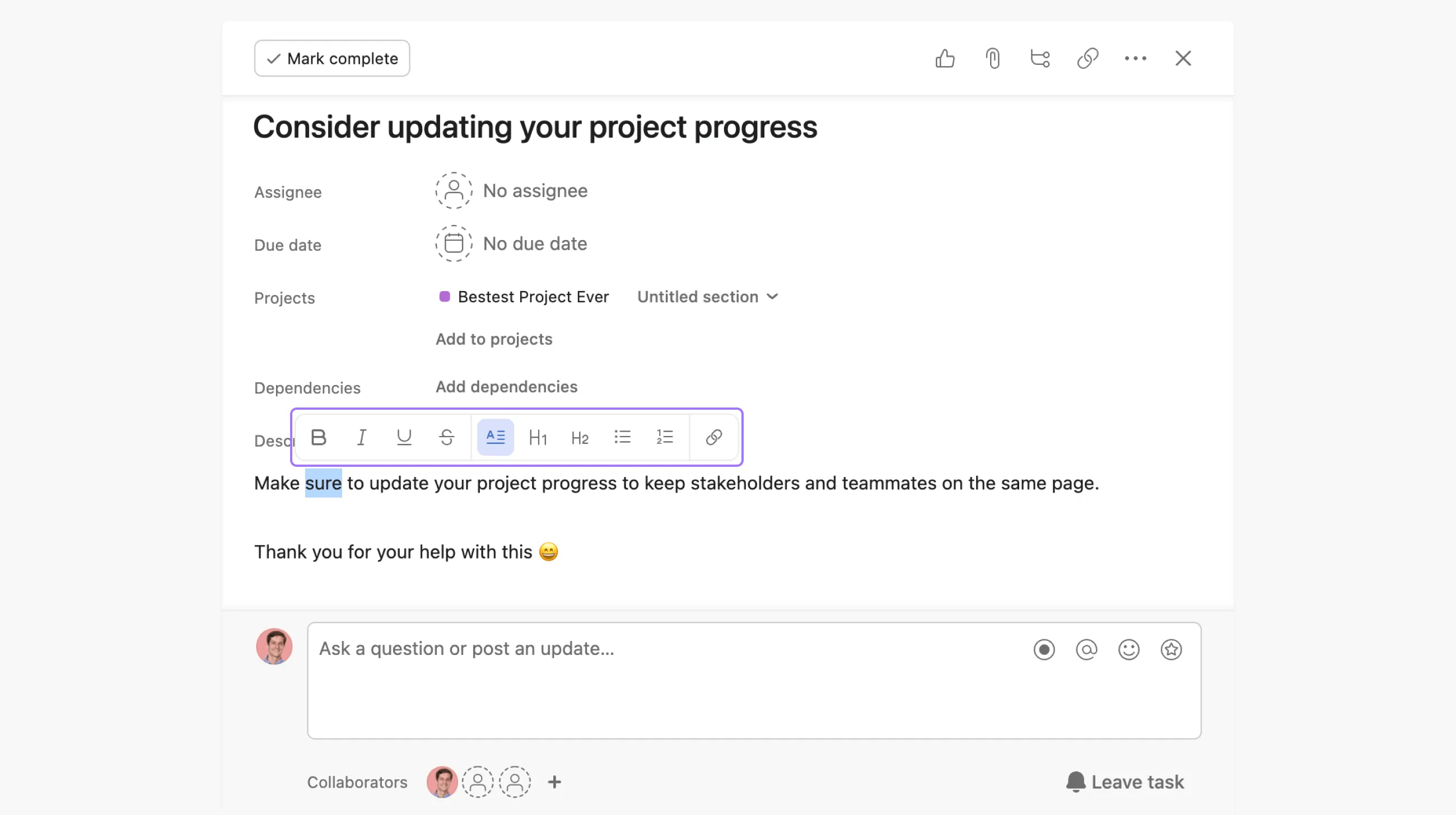 Text formatting in Asana
