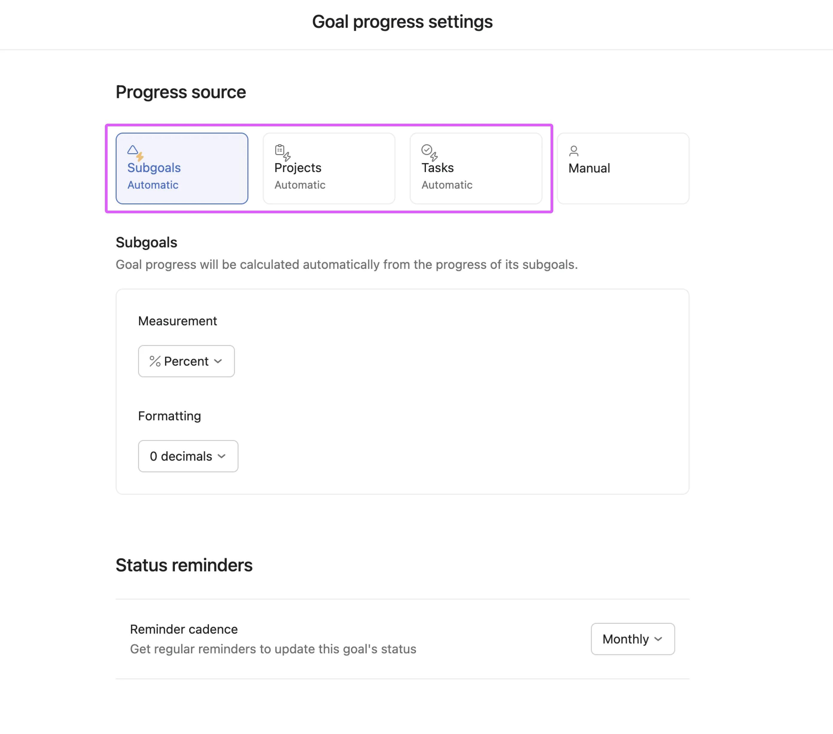 Progress, status, and connecting work to goals