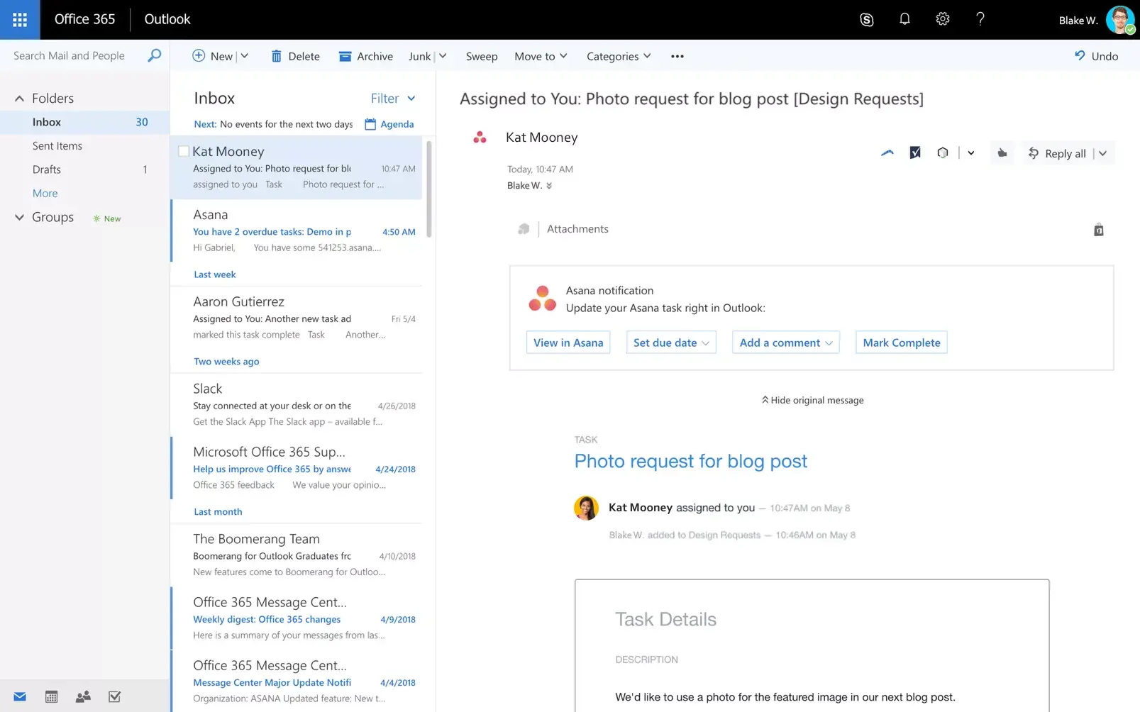 Update Asana tasks from Outlook with actionable messages • Asana