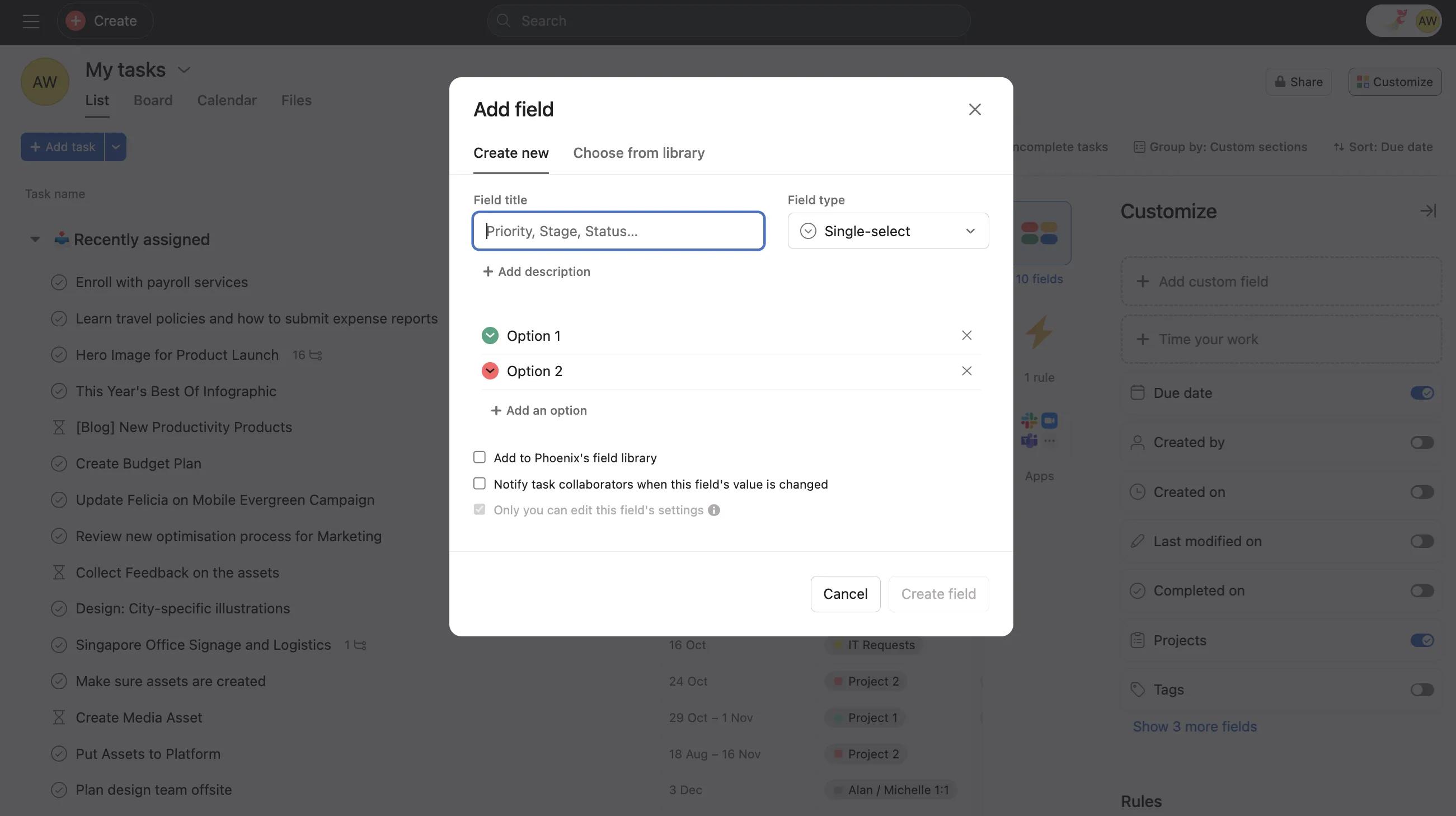 Custom fields in My tasks