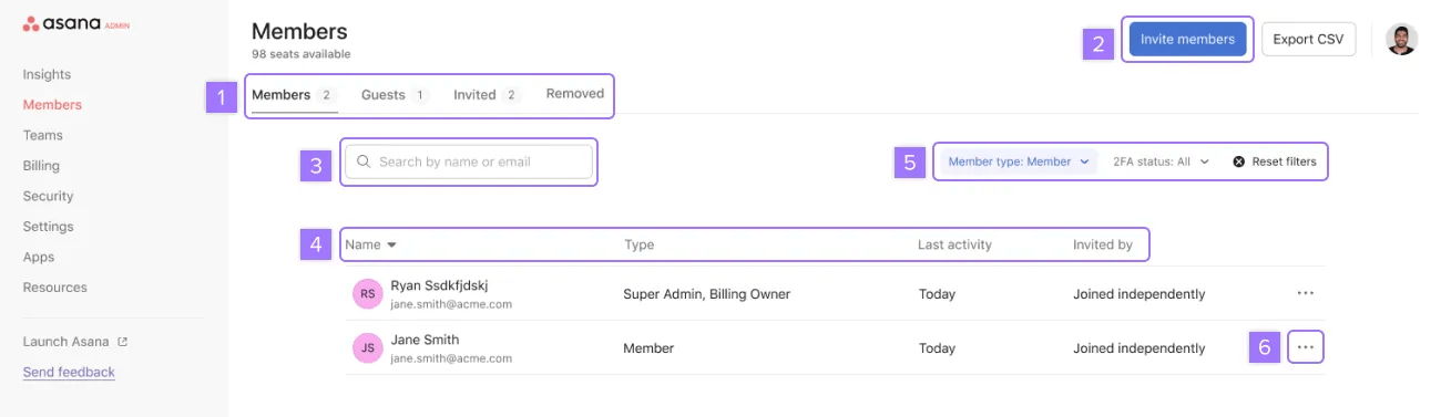 Managing members in an organization