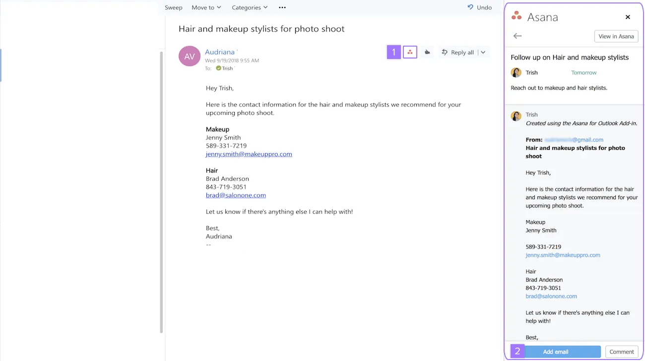 Asana for Outlook add-in