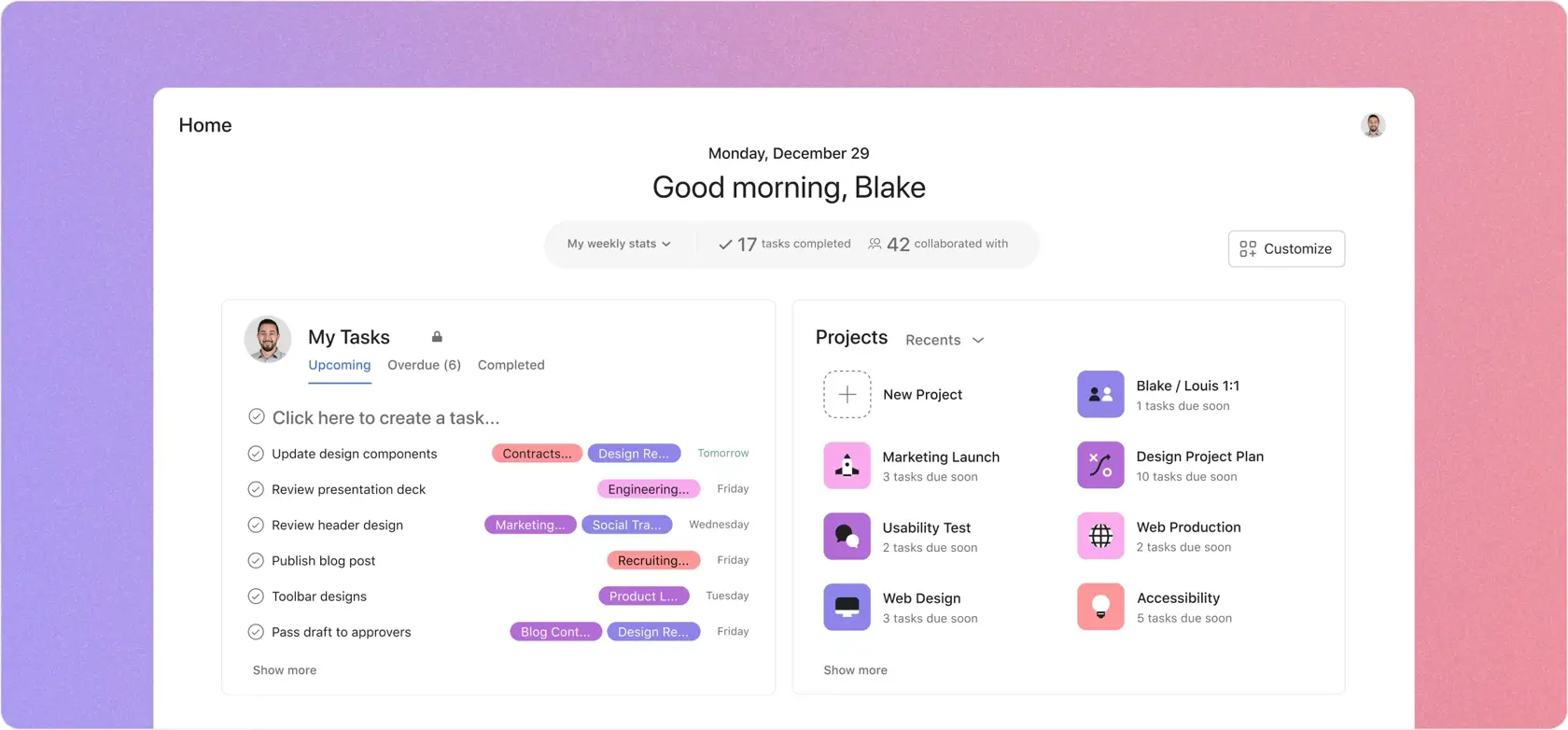 Explore Asana Home features • Asana