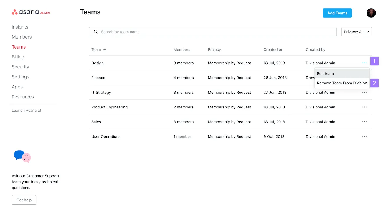 Managing members and teams in a division