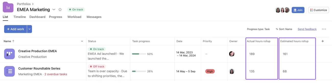 Portfolio progress and reporting