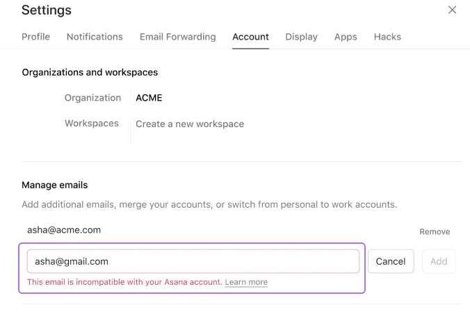 Asana account email policy