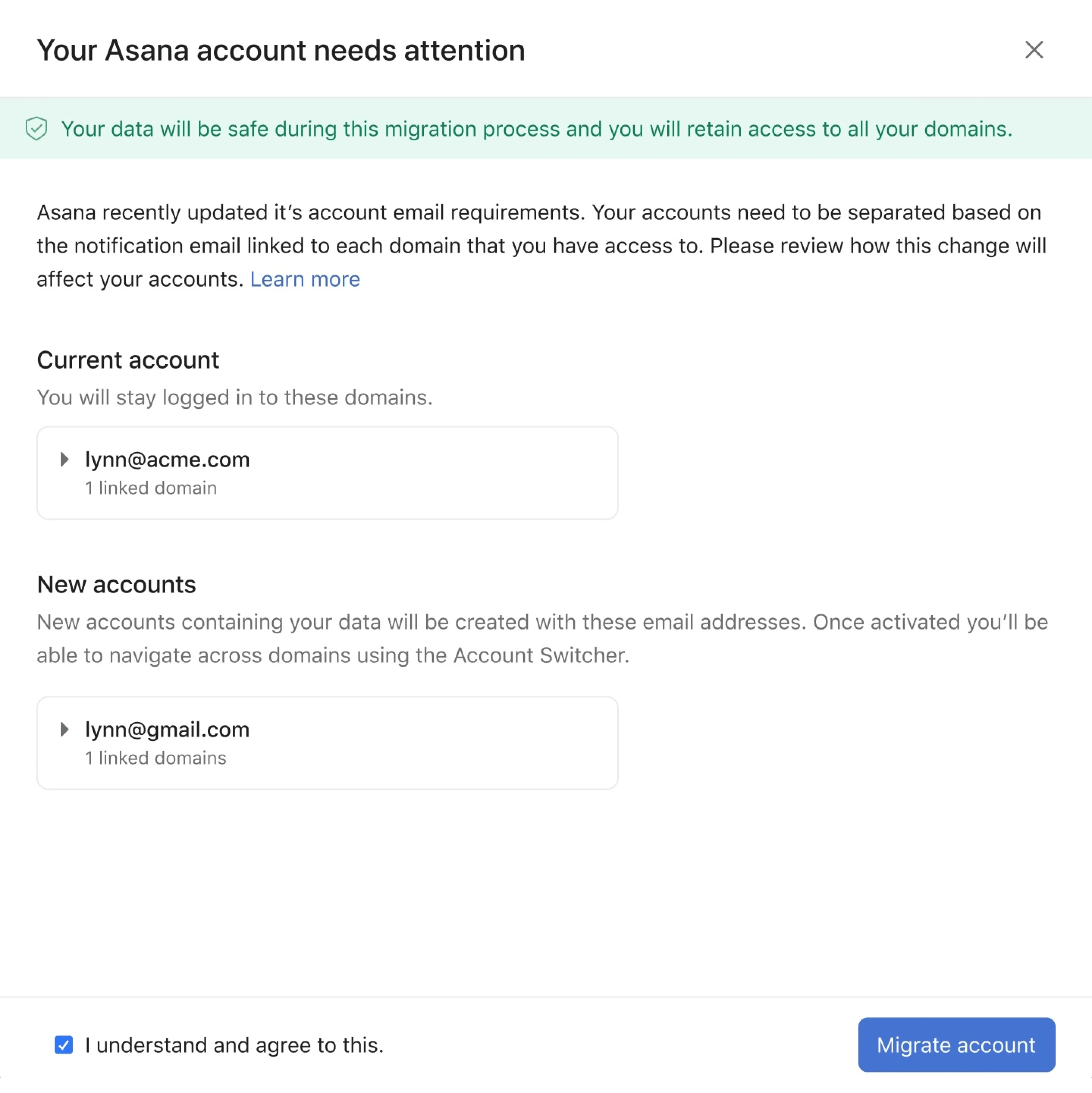 Asana account email policy