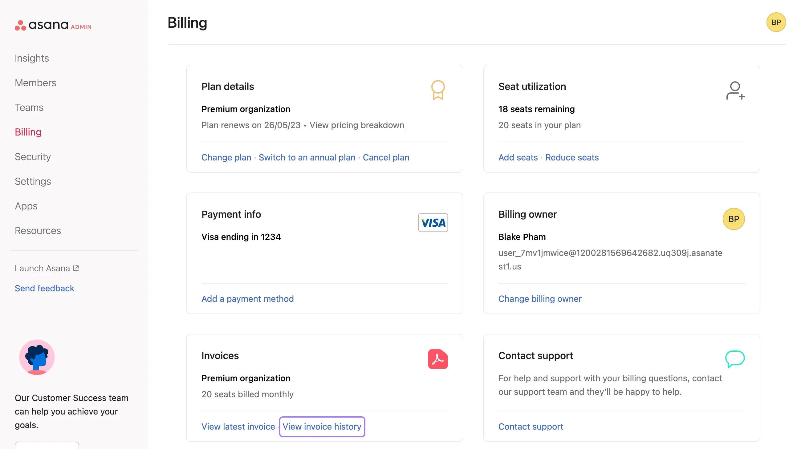 Billing settings in the admin console